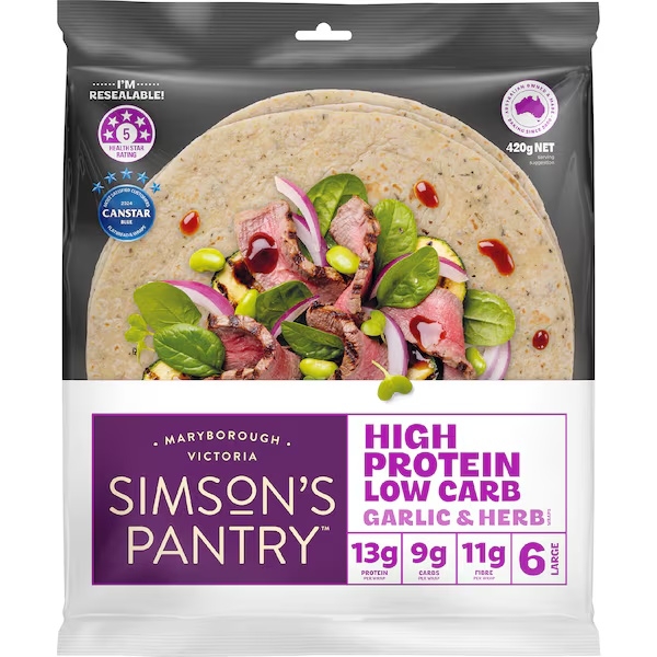 Simson's Pantry Wraps High Protein Low Carb Garlic & Herb 6 Pack 420g ...
