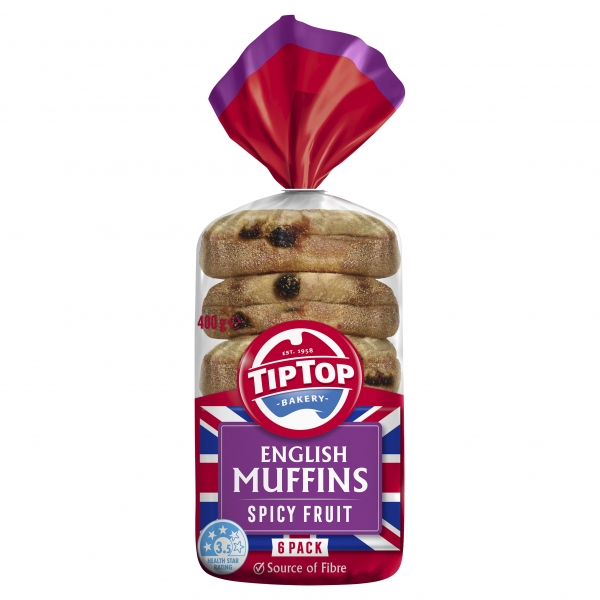 Tip Top English Muffins Spicy Fruit 6 Pack 400g | Adelaide's Finest ...