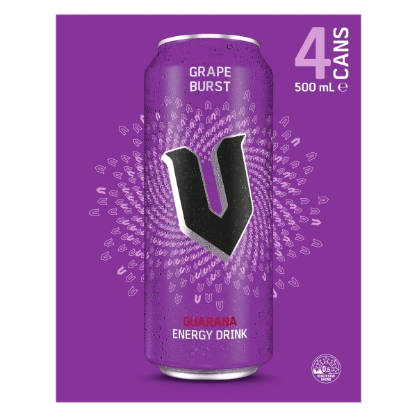 V Energy Drink Grape Burst 4 x 500ml Cans | Adelaide's Finest Supermarkets